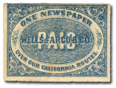 143LP5 - 1861-70 Wells Fargo Newspaper Stamp, Blue on White Paper ...
