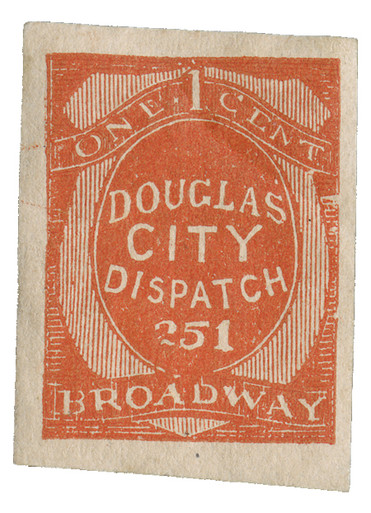 59L3 - 1879 1c Douglas' City Dispatch, Vermilion on White Paper, Perf ...