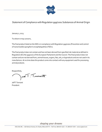 800426CA - OSG MSDS - SUBSTANCES OF ANIMAL ORIGIN COMPLIANCE LETTER ...