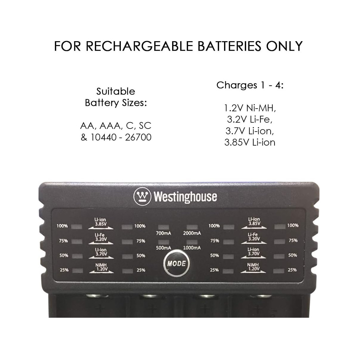 Westinghouse 4 Bay Universal Ni-Mh, Li-ion, LiFEp04 Smart Charger