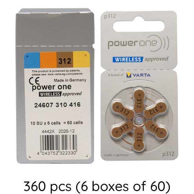 360-Pack Size P312 PowerOne Hearing Aid Batteries (6 boxes of 60)