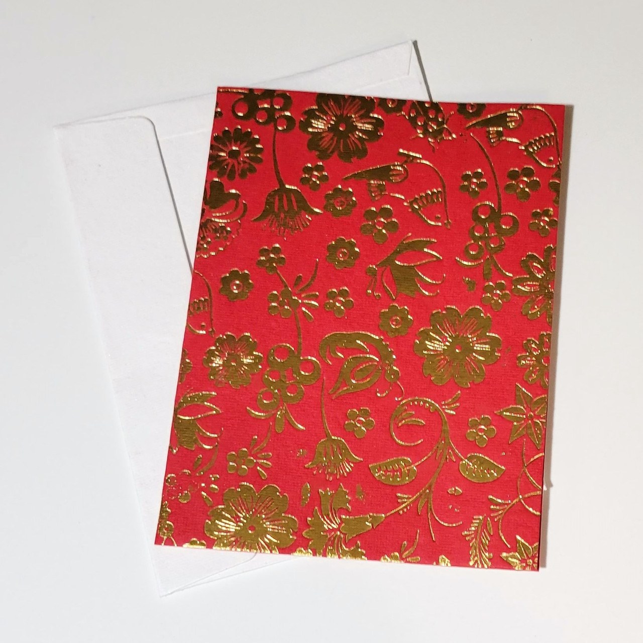 Red Foiled Floral Card from India - The Silk Road Fair Trade Market