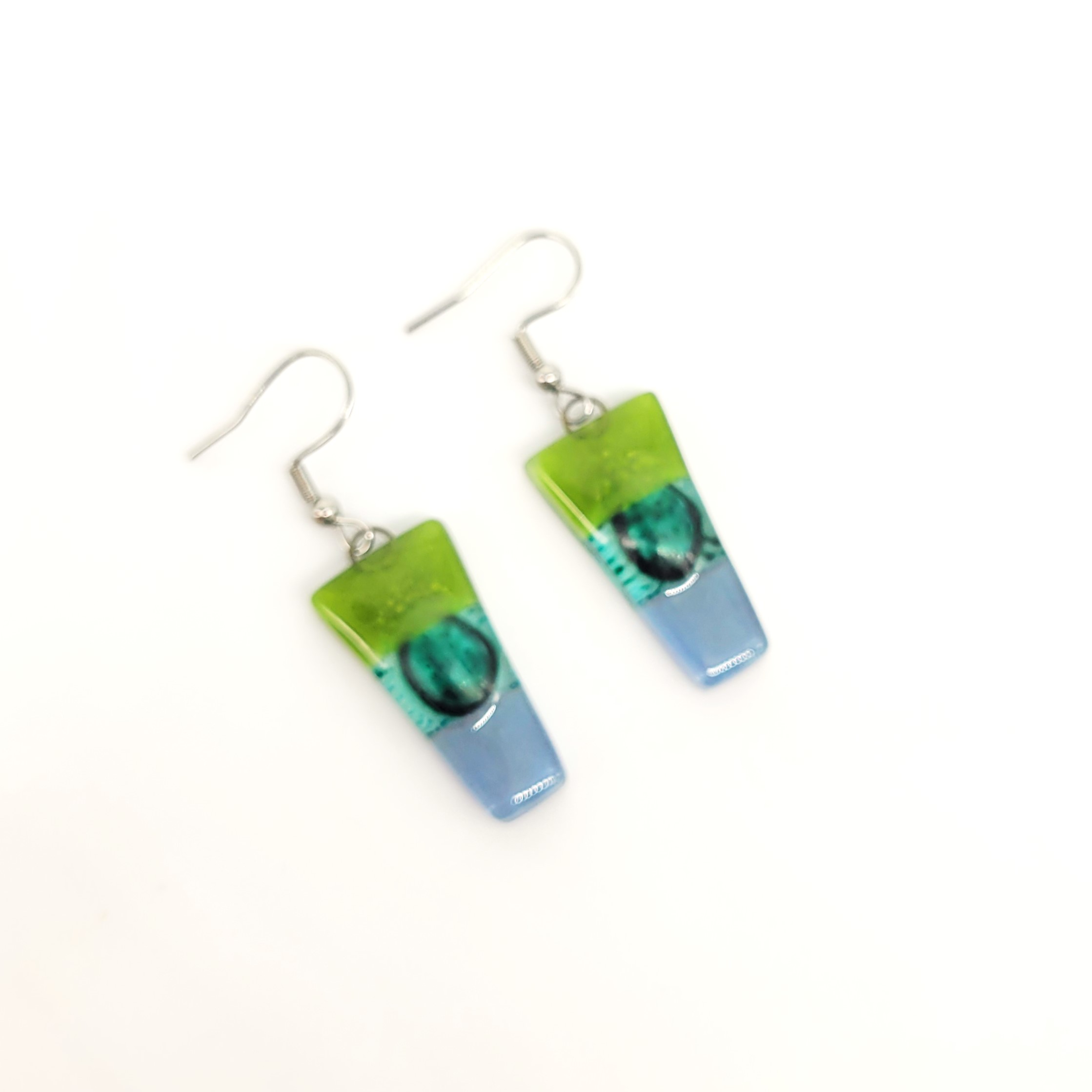 Blue and Green Inverted Trapezium Fused Glass Dangle Earrings from ...