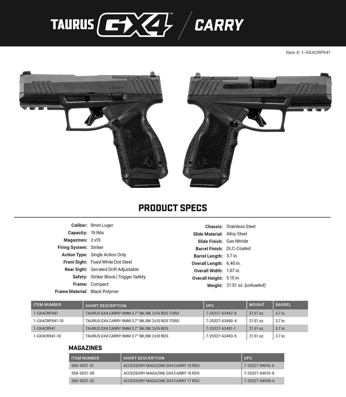 Taurus GX4 9mm, 3.7" Barrel, Black, Intercheable Backstrap Grip, 10rd ...