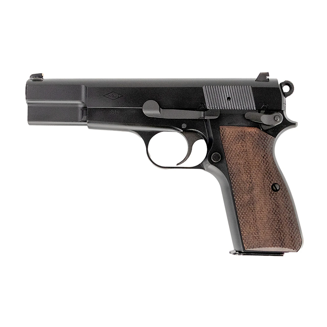 Inglis P-35 Hi Power 9mm, 4.7" Barrel, Black, Checkered Wood Grip, 15rd ...