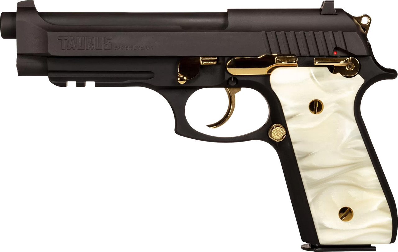 Taurus PT92 9mm, 5" Barrel, Black, Gold Accents, White Pearl Grip, 17rd ...