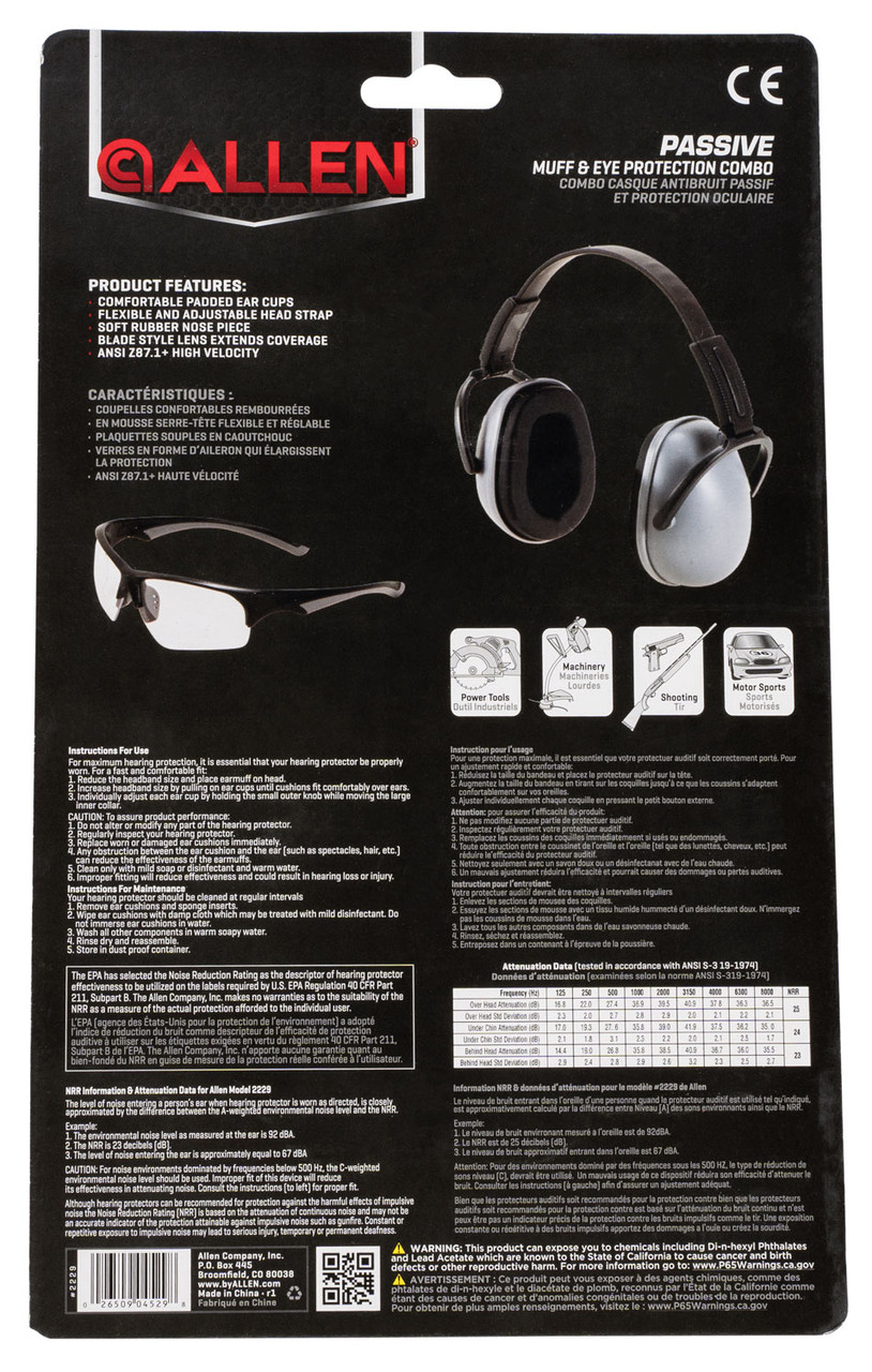 Allen Passive Muff & Eye Protection Combo 23 dB Gray - Impact Guns
