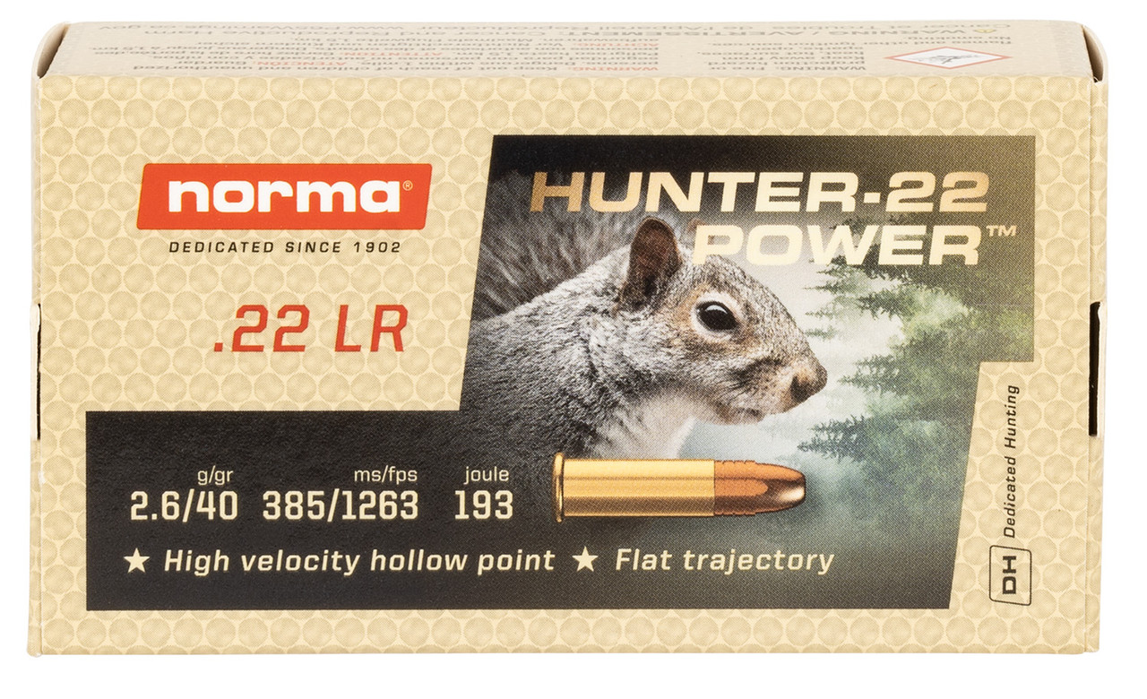 Norma Ammunition Precision Hunter 22 LR, 40gr, JHP, 50Bx/10Cs - Impact Guns