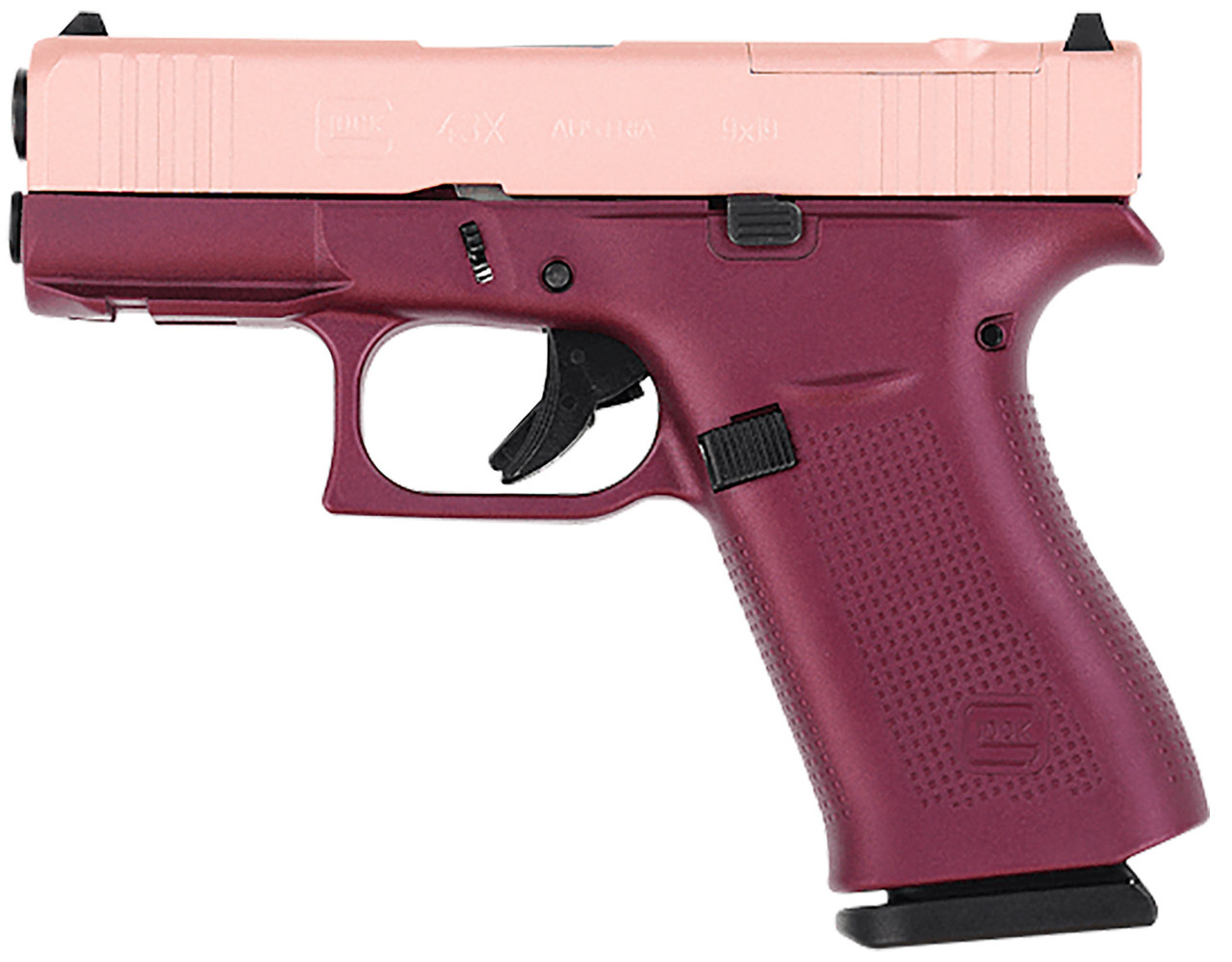 Glock 43x 9mm, 3.41" Barrel, Rose Gold Slide, Black Cherry Frame, 10rd ...