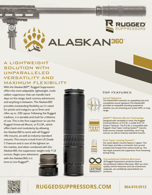 Rugged Alaskan360 Suppressor, Up to .338 Lapua Rifle/9mm Pistol, 7.5 ...