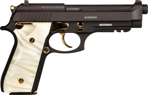 Taurus PT92 9mm, 5" Barrel, Black, Gold Accents, White Pearl Grip, 17rd ...