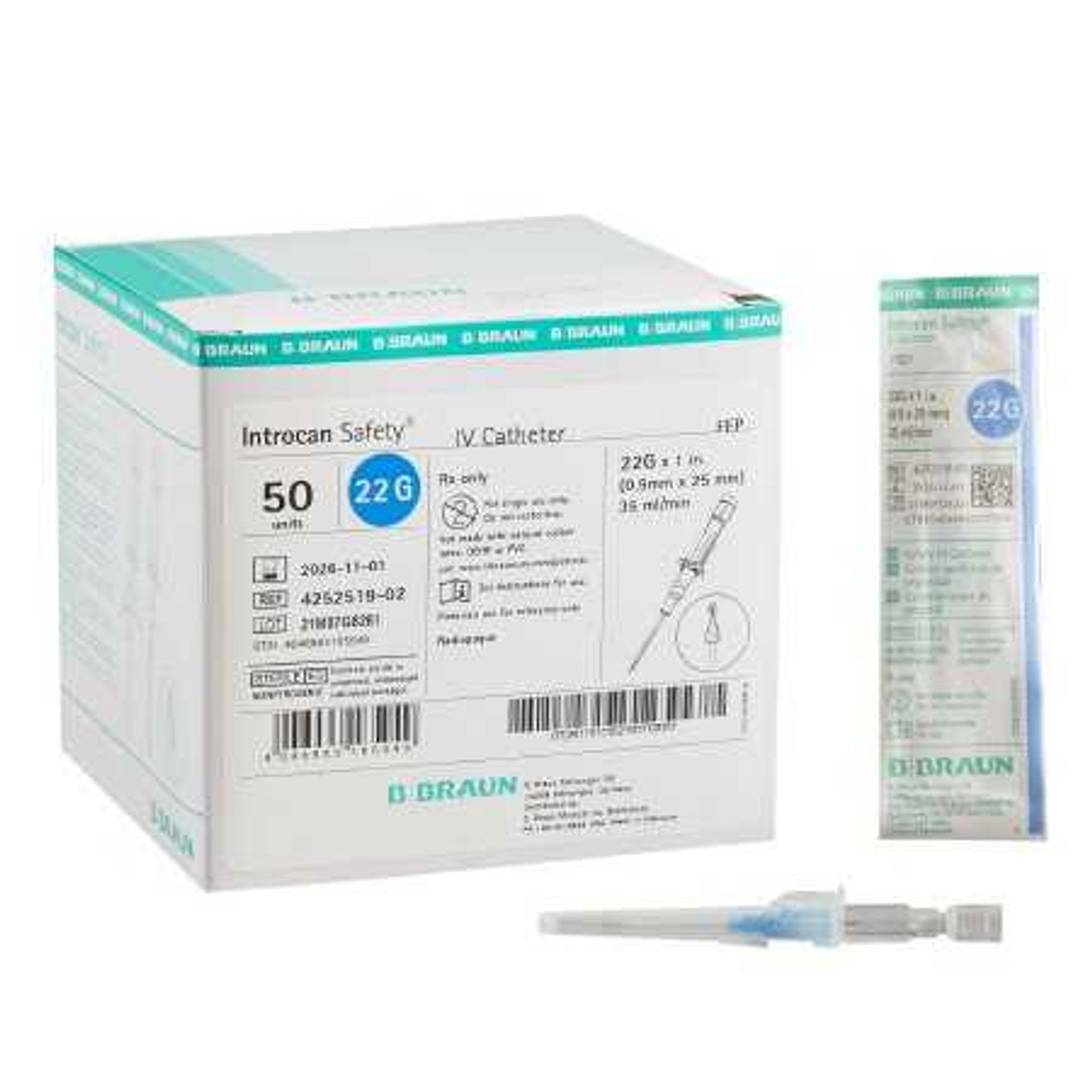Introcan Safety FEP IV Catheter, Straight Hub, 22G x 1''