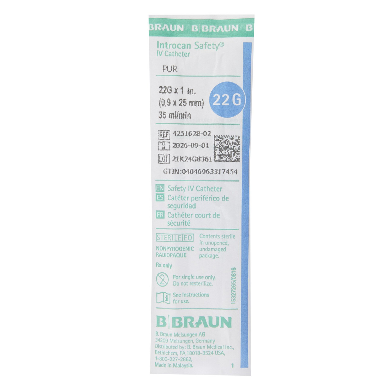 Peripheral IV Catheter Introcan Safety 22 Gauge 1 Inch Polyurethane ...