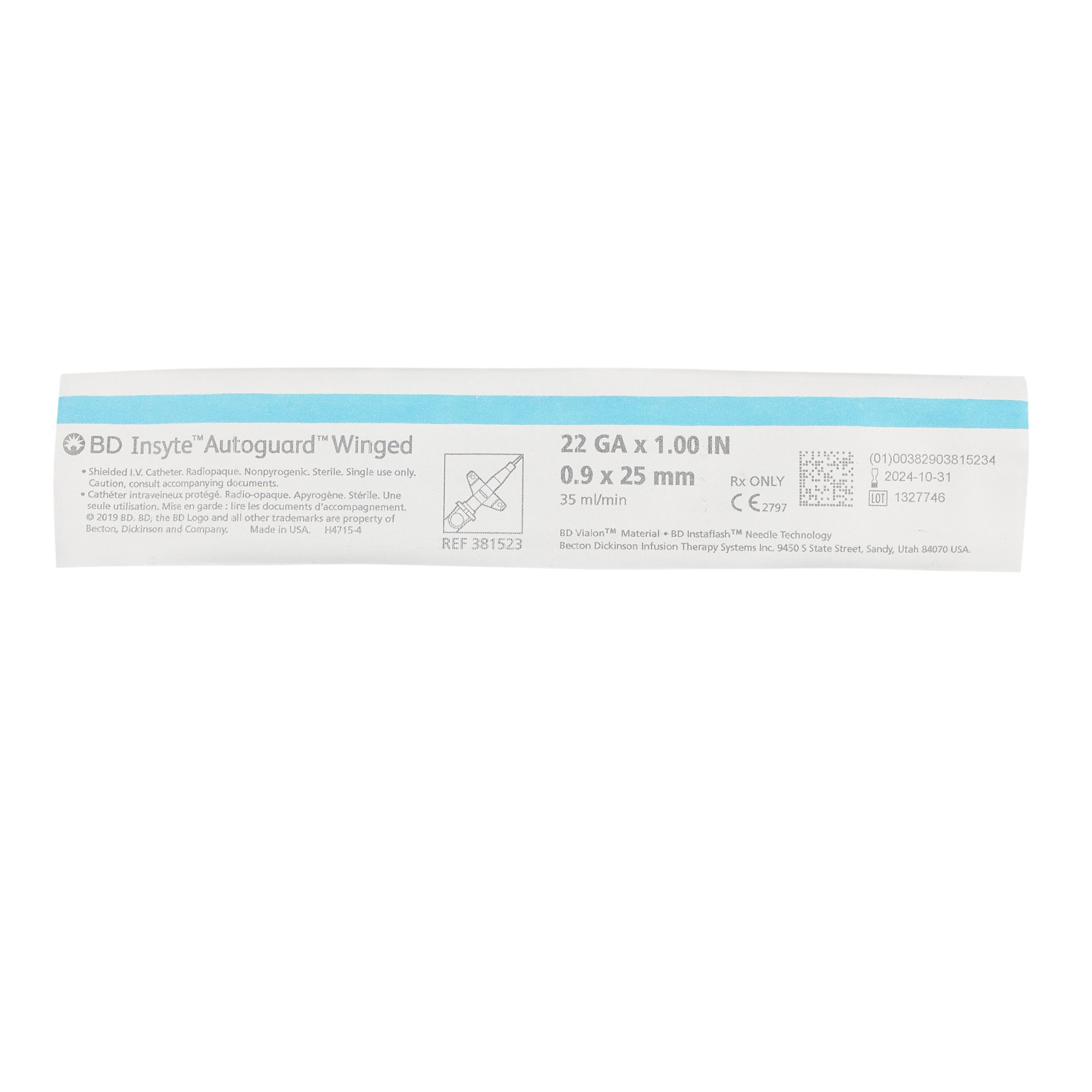 Peripheral IV Catheter Insyte Autoguard 22 Gauge 1 Inch BD Vialon ...