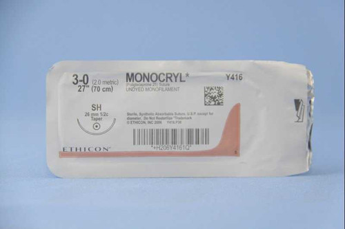 Monocryl Absorbable Suture with Needle, Size 3 - 0, Y416H