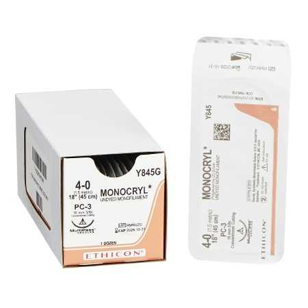 Monocryl Absorbable Suture with Needle, Size 4 - 0, Y845G