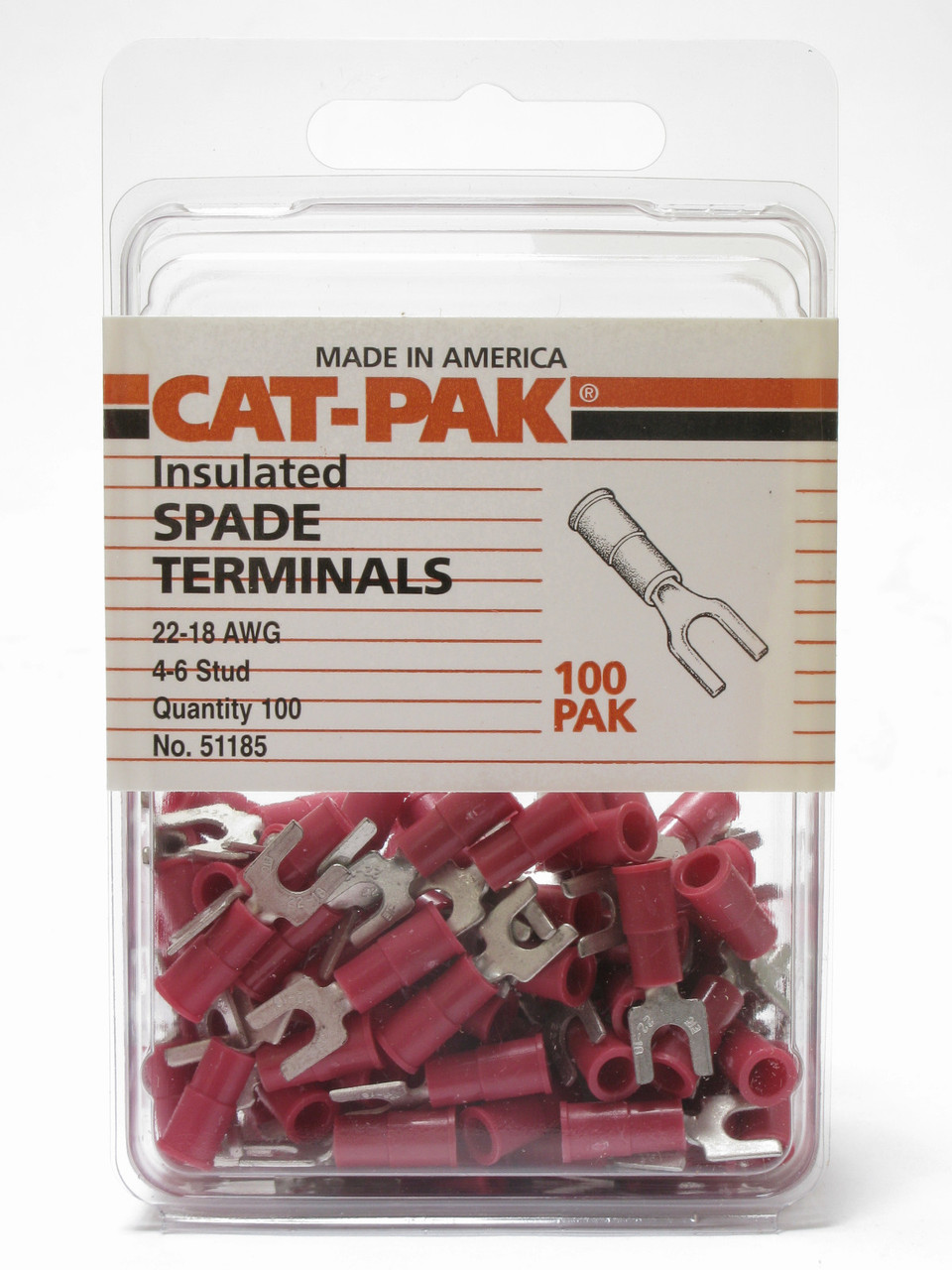 Cat-Pak Cat-51185 22-18AWG #4-6 Stud Insulated Spade Terminals, 500pcs