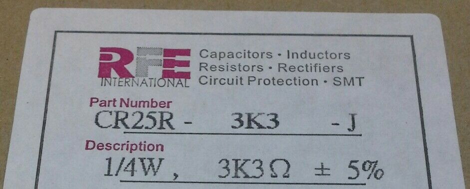 RFE CR25R-3K3-J 3300 ohm 1/4 watt +/- 5% Resistor, 500pcs - Skycraft ...