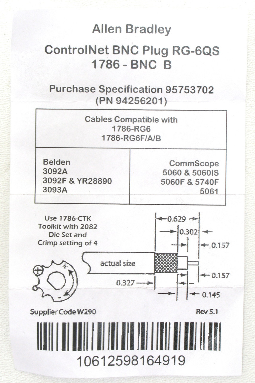 Allen Bradley 1786-BNC RG-6QS BNC Male Coaxial Cable Connector, 27pcs