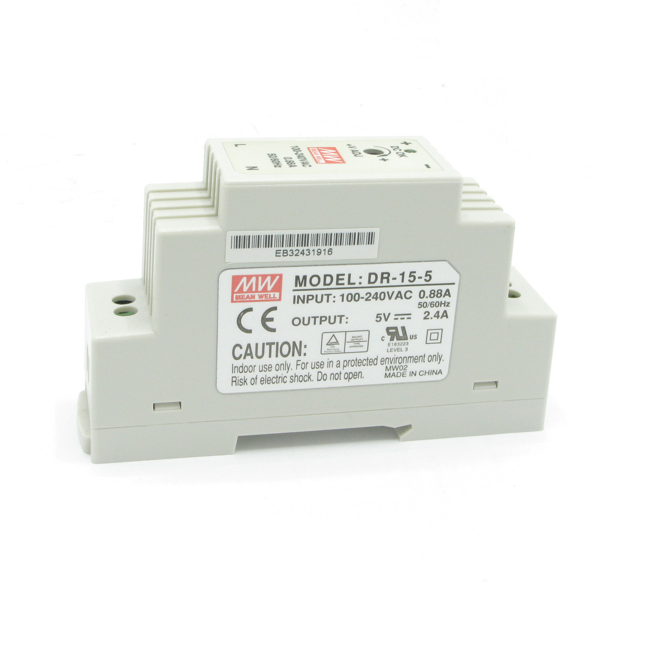 MEAN WELL DR-15-5 Power Supply, DIN Rail Mount, 5V