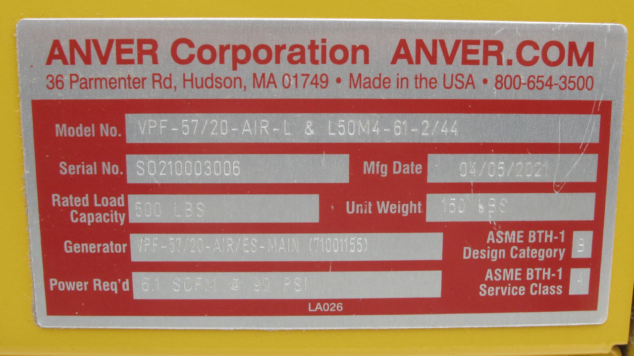 Anver Self-Contained Compressed Air Powered Vacuum Station & Lifting Frame