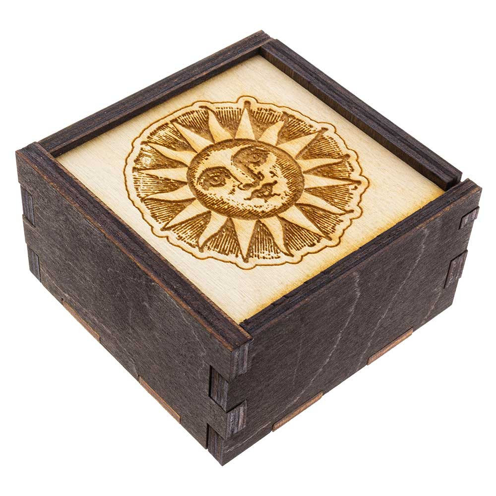 Etched Sun Stash Box | 3.5" Square Storage Box, Sliding Top