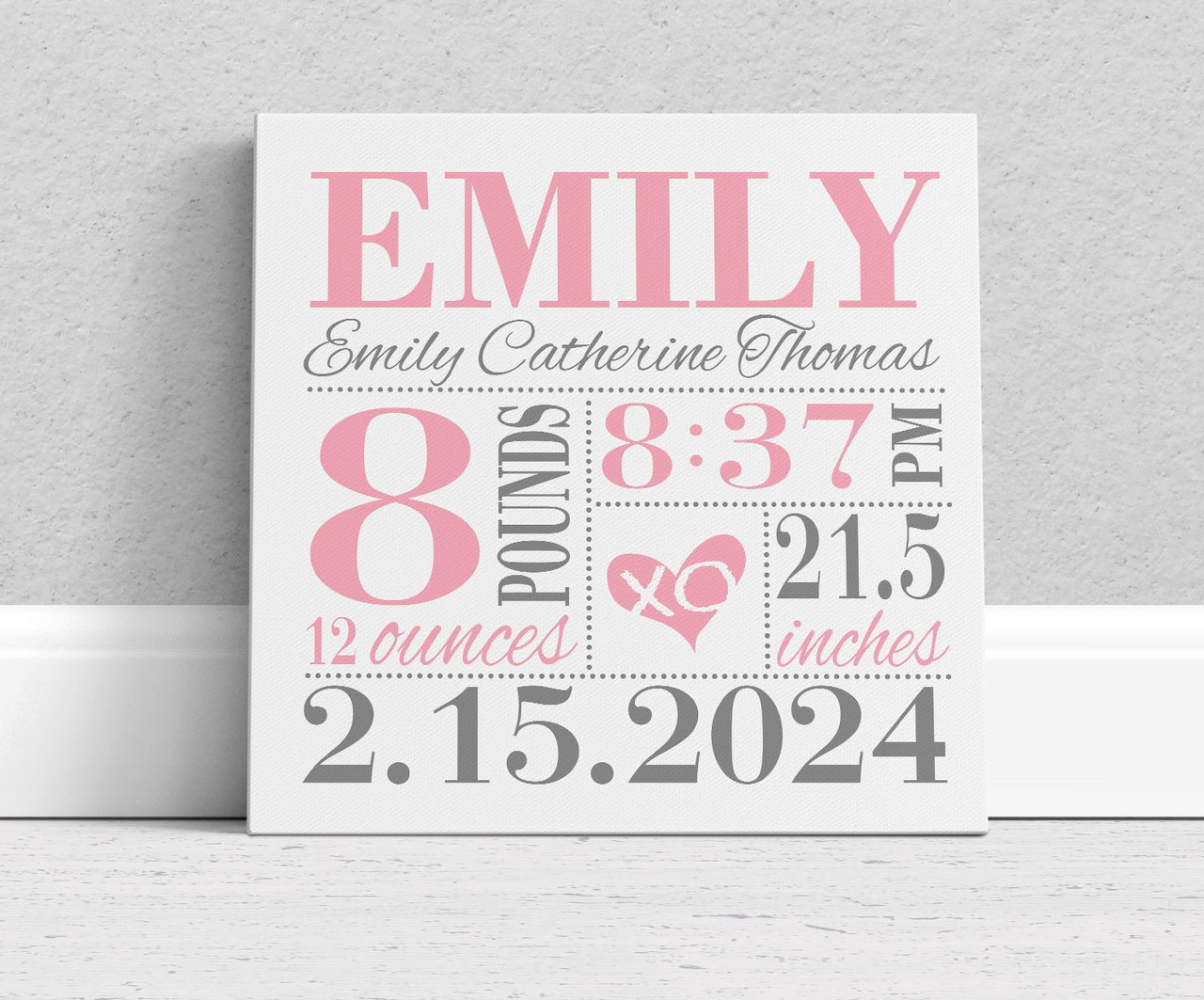 Blue Pink Hearts Personalized Birth Announcement Canvas Art Print with ...