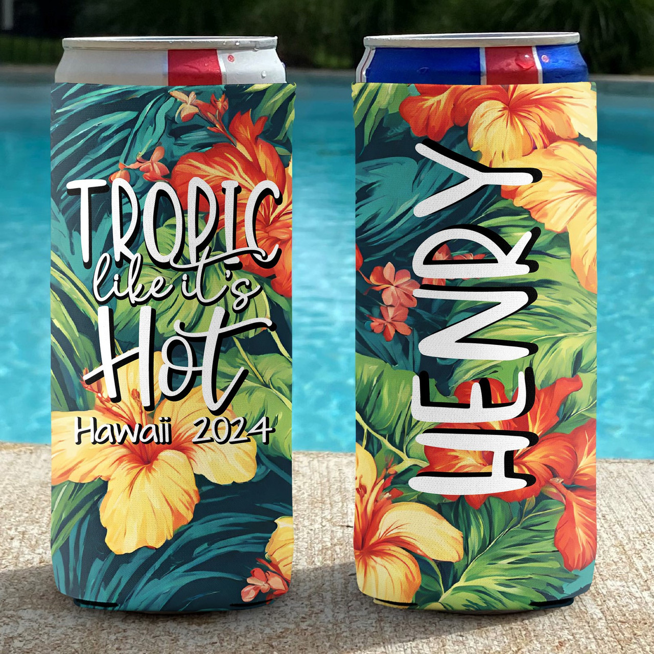 Personalized Tropical Beach Vacation Slim Can Coolies - Hawaiian Print