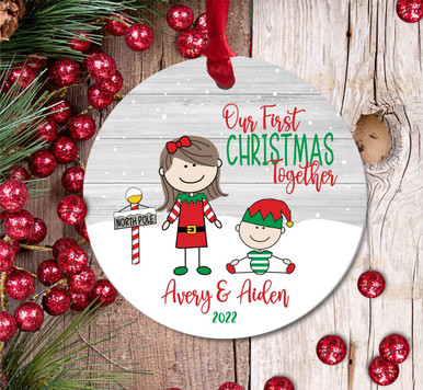 Elf Siblings Brother and Sister Christmas Ornament with Hand Drawn First Christmas Together