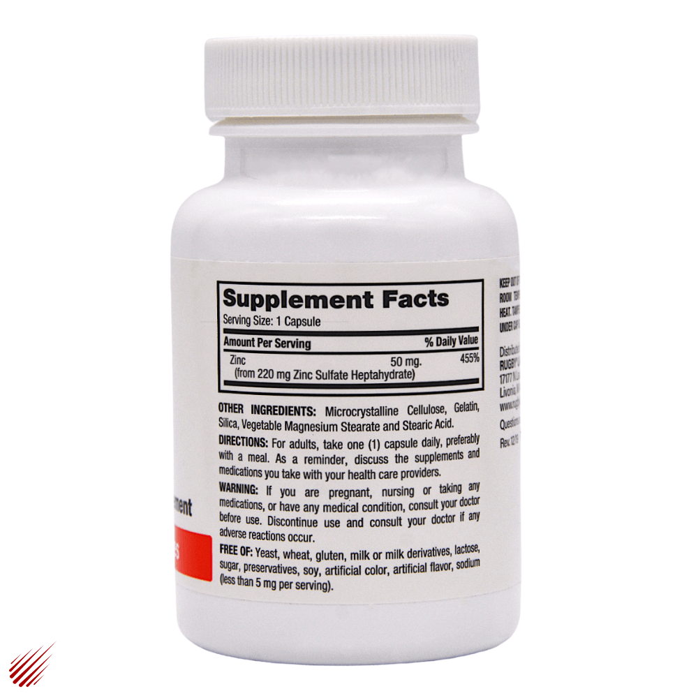 Rugby Zinc 50 mg Dietary Supplement - 100 Capsules