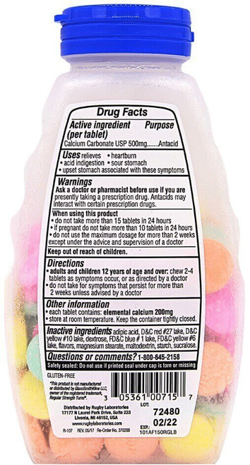 Rugby Calcium Antacid Regular Strength 150 Chewable Tablets (Generic TUMS)