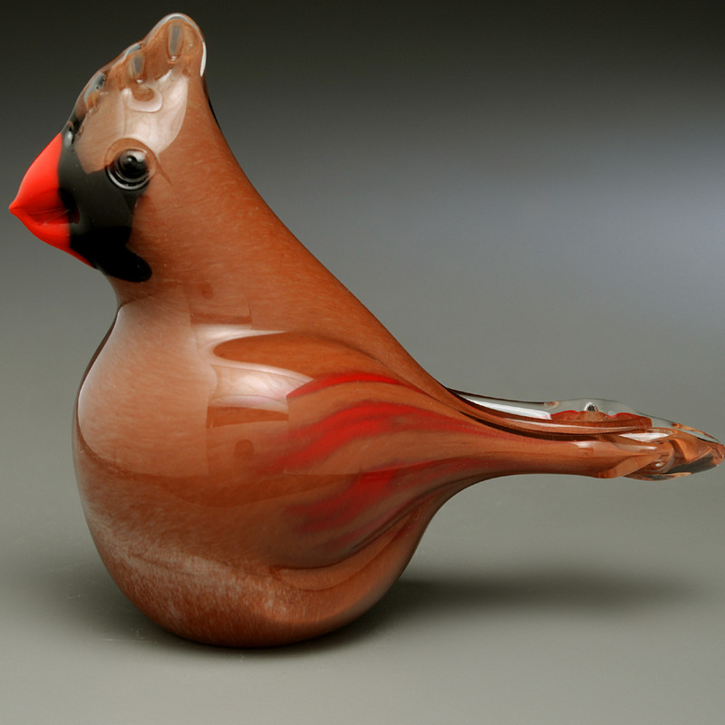 small pair, glass cardinals, red glass cardinal, female brown cardinal