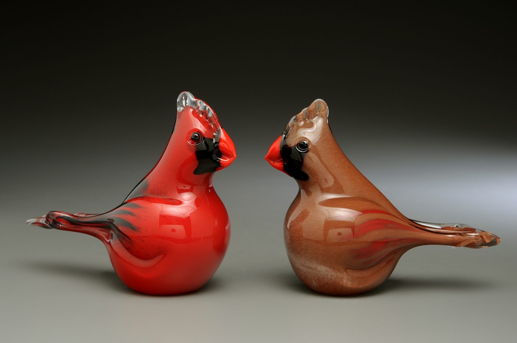 small pair, glass cardinals, red glass cardinal, female brown cardinal