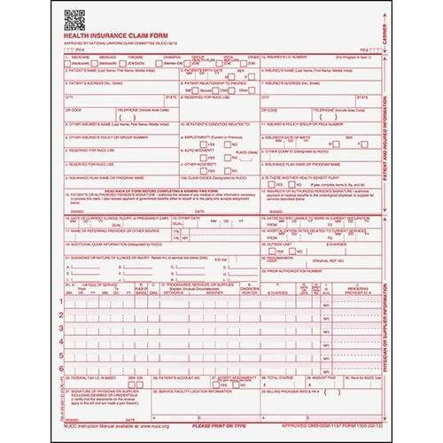 Health Insurance Claim Forms (HCFA 1500), 8.5 x 11, Red