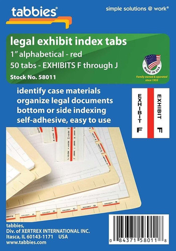 Tabbies Exhibit Index Tabs, F-J, 1" Red Tabs, 250/Box