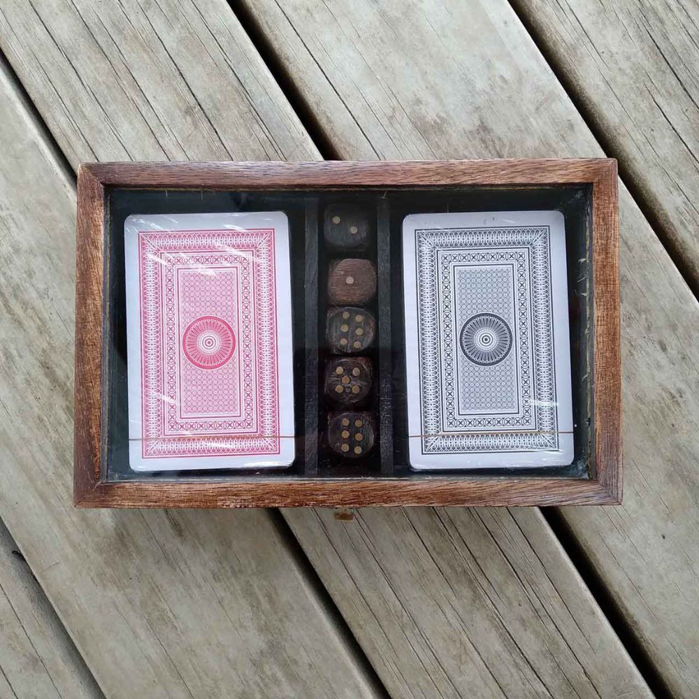 Shop Timber Box Set - 2x Cards & 5x Dice by Backyard |queenb.co.nz