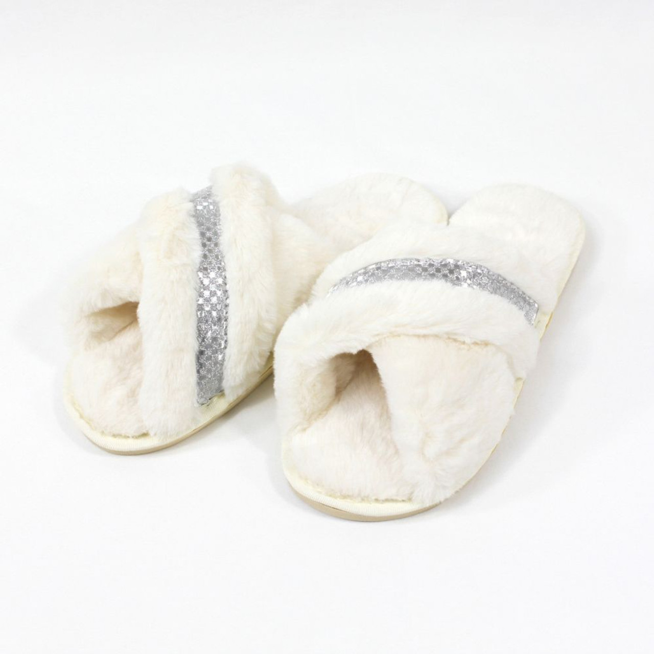 Buy Cream Silver Crossover Plush Slippers by Honeydew | queenb.co.nz ...