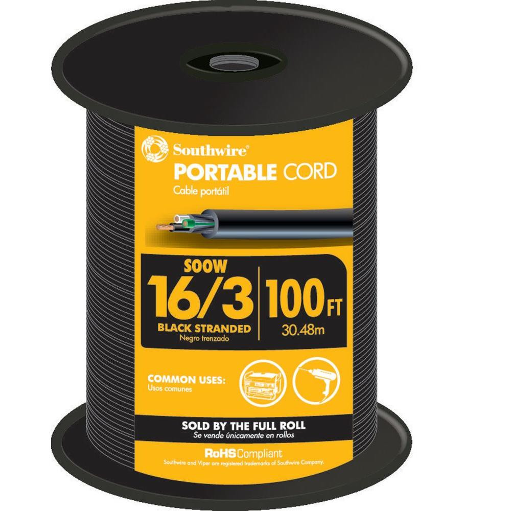 100 ft. 16/3 SOOW, 600-Volt, CU Black Flexible Portable Power Cord ...