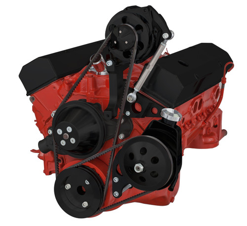 Black Chevy V-Belt Pulley & Bracket System: 302-305-350-400 SBC