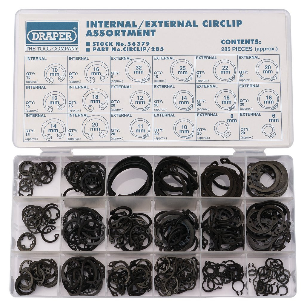Internal and External Circlip Assortment (285 Piece) (56379) | Draper Tools