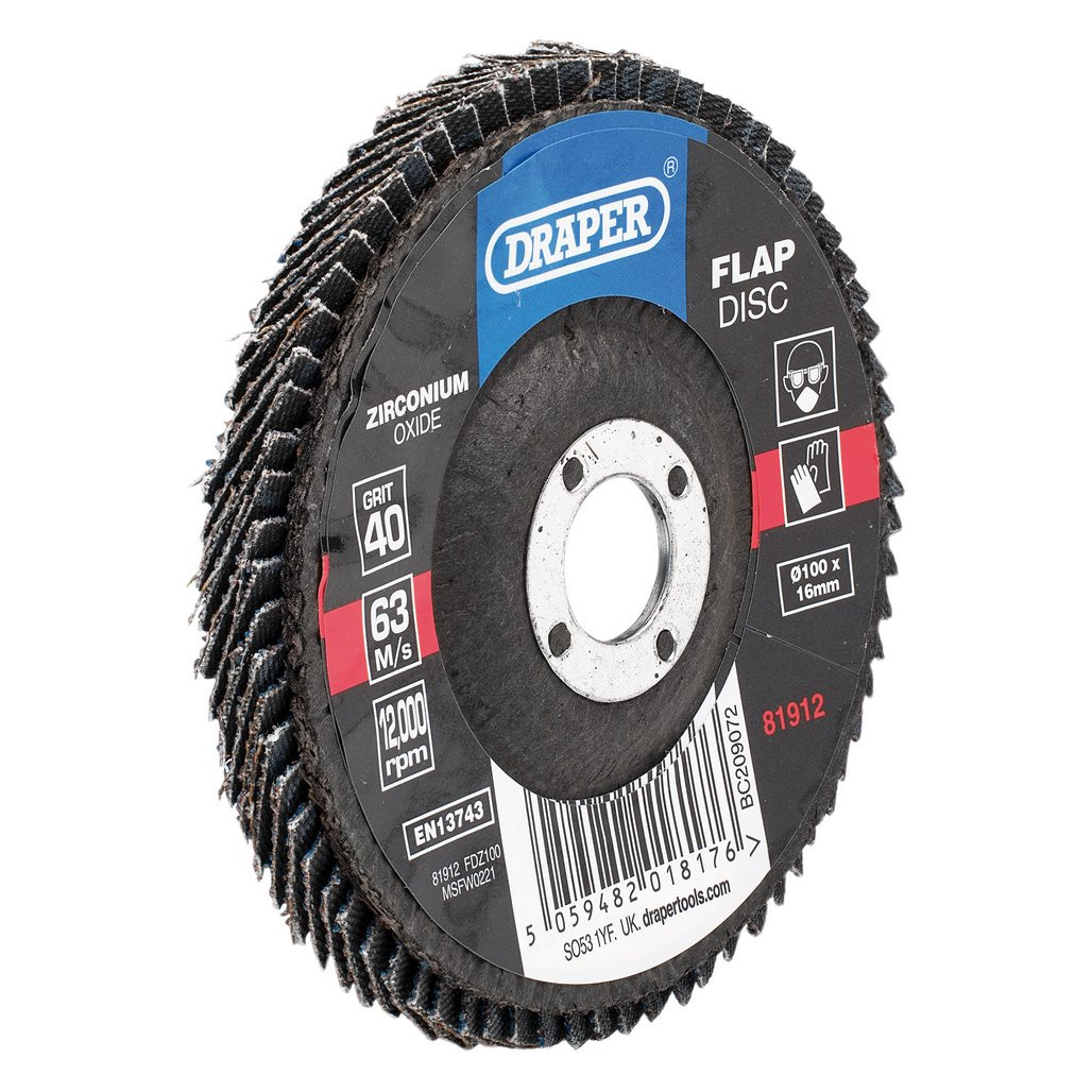 Zirconium Oxide Flap Disc, 100 x 16mm, 40 Grit (81912) | Draper Tools