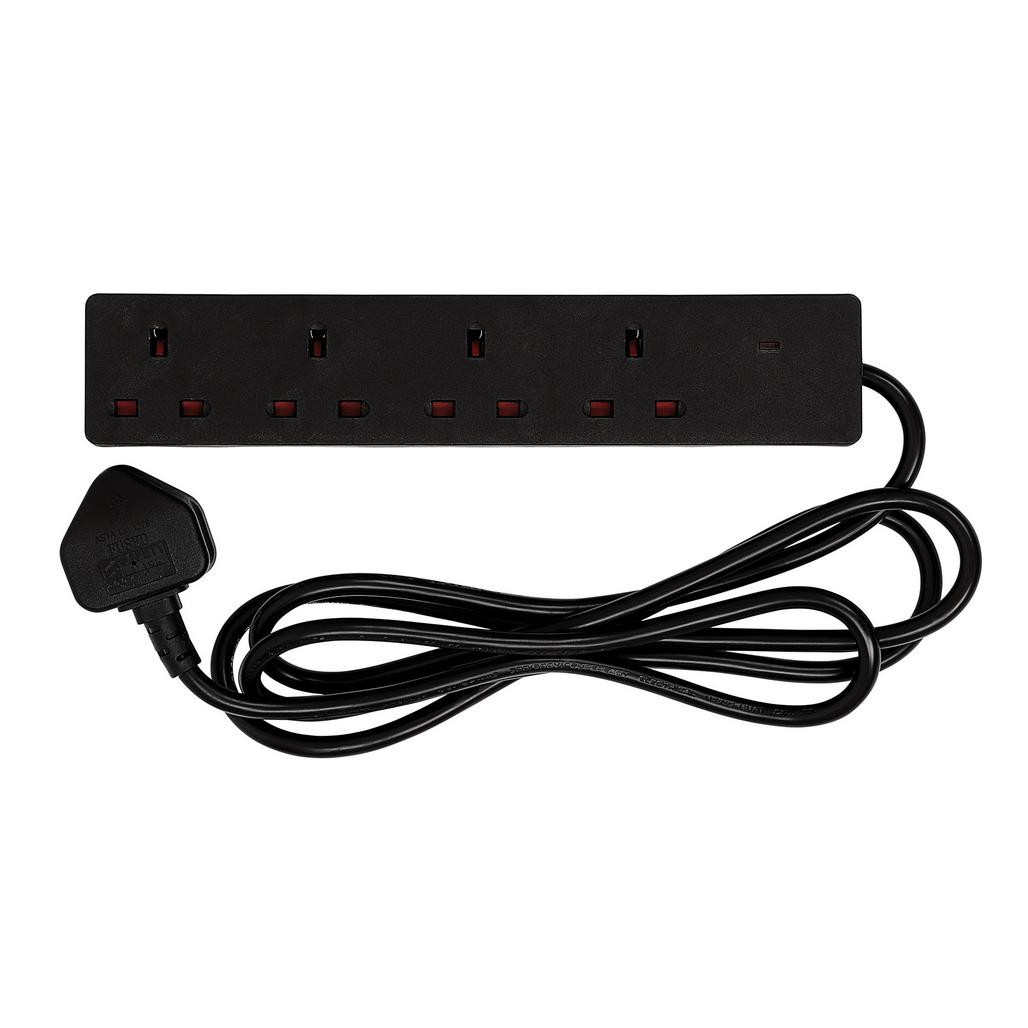 4 Way Black Extension Lead, 2m - Draper Tools Ltd