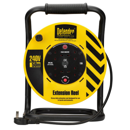 Defender E86515 230V 4-Way Industrial Trade Cable Extension Reel, 50m ...