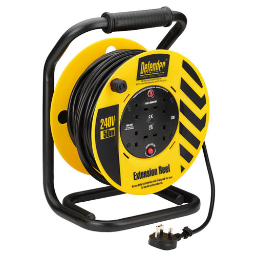 Defender E86515 230V 4-Way Industrial Trade Cable Extension Reel, 50m ...
