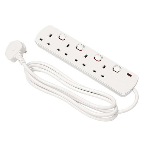 4 Way White Switch Protected Extension Lead, 2m - Draper Tools Ltd