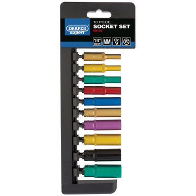 Draper Expert Metric Coloured Deep Socket Set, 1/4" Sq. Dr. (10 Piece ...