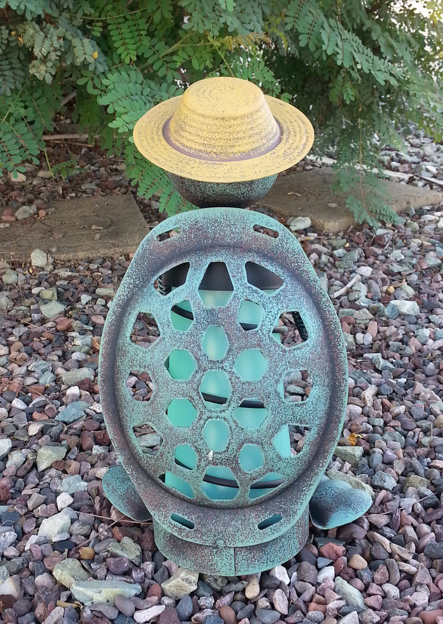 Turtle Solar Light Statue Named Sam - 14 Inch Green Metal Yard Art