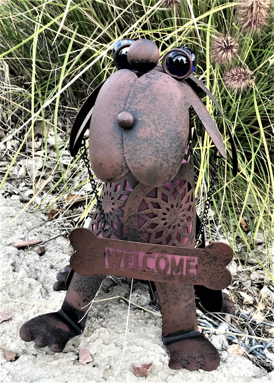 Dog Solar Light Statue Named Gigi with Bone Welcome Sign | Pink LED