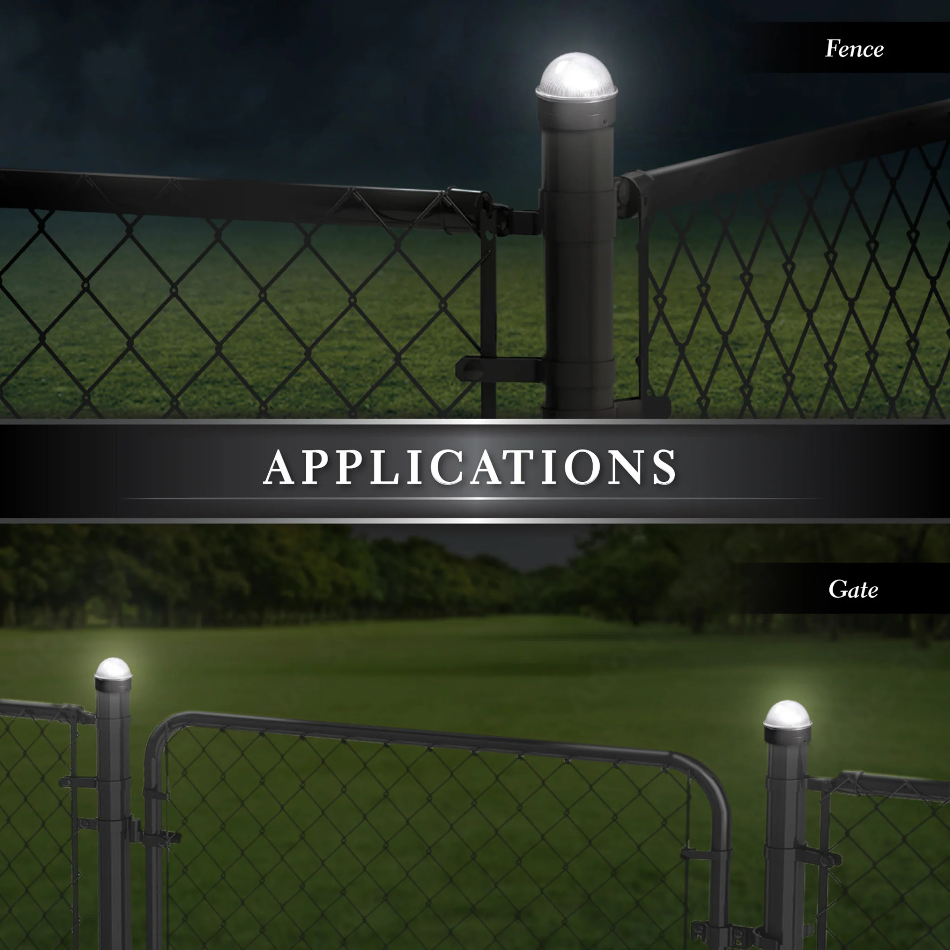 Solar Lights for Round Chain Link Fence Posts | Silver Set of 2