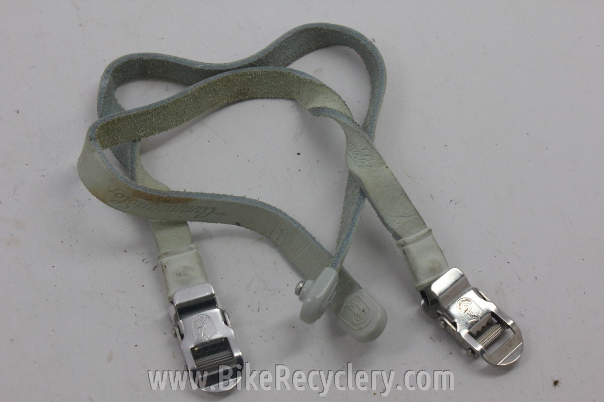 Campagnolo Toe Straps & Buttons: Grey Leather - Bike Recyclery